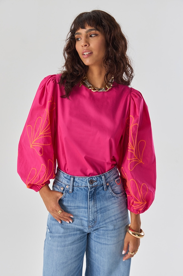 BLUSA ROSA COM MANGA BUFANTE E BORDADO - BLUSA ROSA COM MANGA BUFANTE E ...